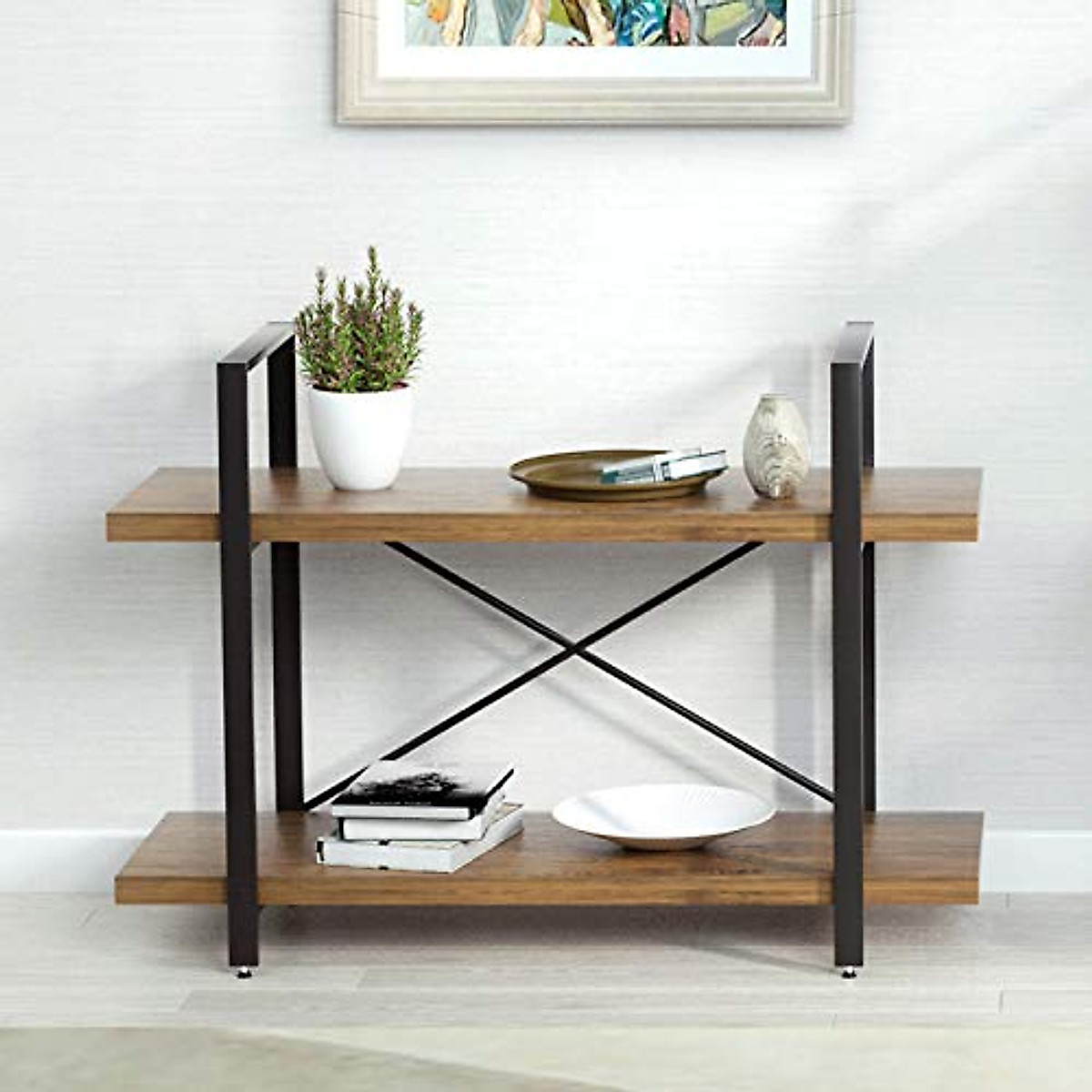 mecor 2-Tier Bookcase, Vintage Industrial Metal Display and Storage Tower, Etagere Bookshelf for Home Office, Dark Brown