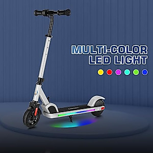 Caroma Electric Scooter for Kids Ages 8-12, Max 7 Miles Range and 10 Mph Max Speed, Colorful Rainbow Light, UL2272 Certification, Lightweight Electric Kick Scooter for Kids Boy Girl (Silver)