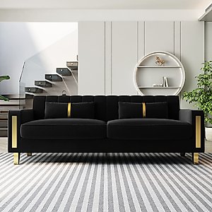 Kadway Modern Velvet Sofa Couch, 86" Large Loveseat Sectional Sofa Couch with Gold Legs for 3-4 Persons, Upholstered Deep Seat Love Seat Sofa Chaise for Living Room Office Apartment Black