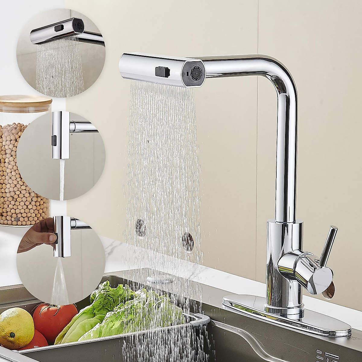 AVSIILE Kitchen Faucet with Pull Down Sprayer, Chrome Waterfall Touch Single Hole Stainless Steel Kitchen Sink Faucets, Commercial Modern Single Handle Faucets for Kitchen Sinks with Pull-down Sprayer