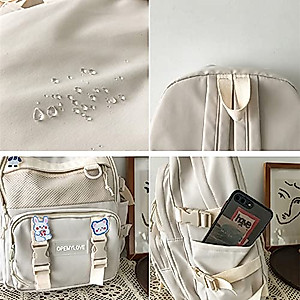 Aesthetic Kawaii Nylon Laptop Backpack with A Cute Bear Pendant, Suitable for Back to School, Large Capacity (white)