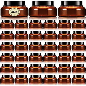 Didaey 36 Pack 5 oz Plastic Cosmetic Containers with Lids Labels Plastic Jars with Lids Travel Refillable Cosmetic Jars Containers for Lotions Body Scrub Body Butter Creams(Amber)