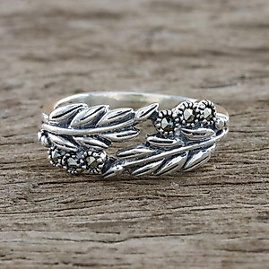 NOVICA Artisan Handmade Marcasite Pave Ring Sterling Silver Luminous Garden Grey Cocktail Thailand Leaf Tree Floral [ring Front 0.3 in L x 1 in W Band Width 3 mm W] ' Luminous Garden'