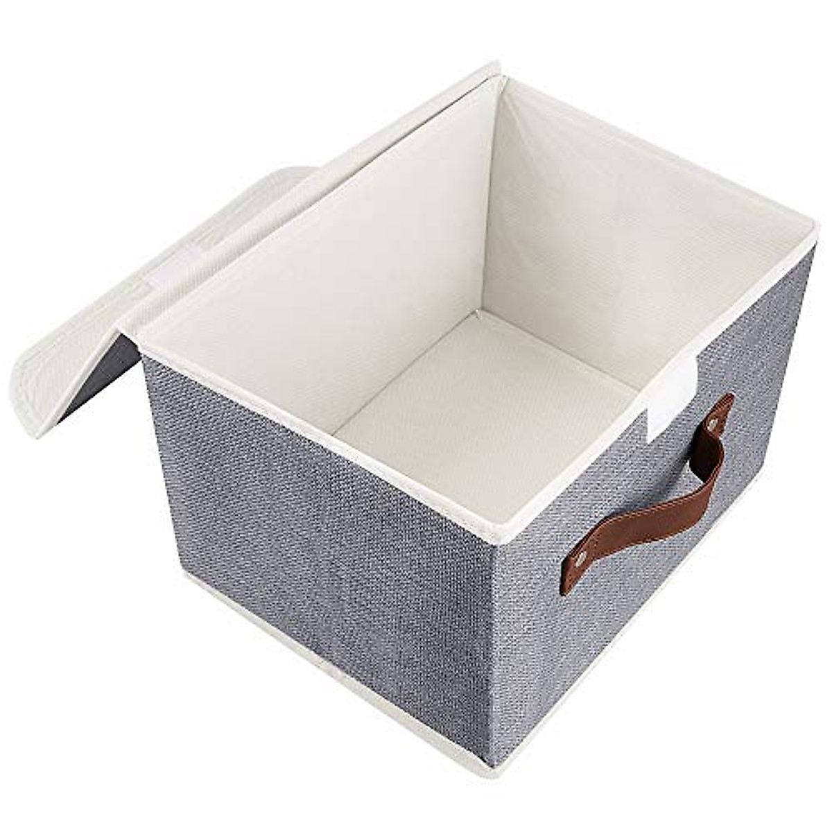 Lucky Monet 2 Pack Linen Fabric Foldable Storage Bin Set Collapsible Storage Box Cube Closet Organizer with Lid & Faux Leather Handle, 10”x8”x7” (Grey)