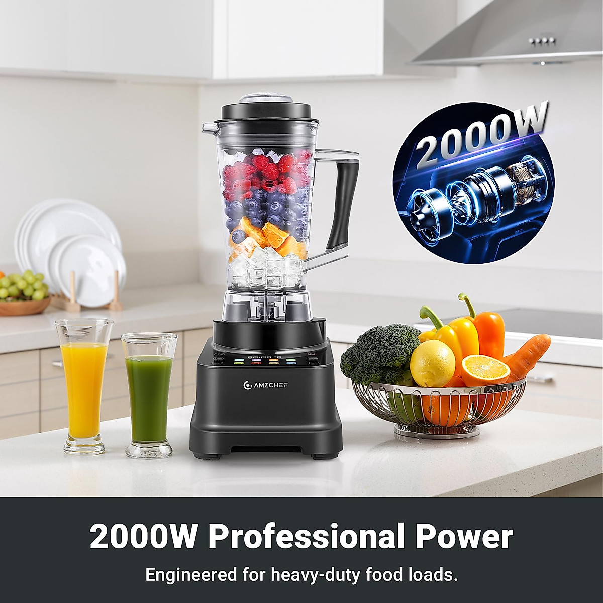AMZCHEF 8-IN-1 Professional Blenders, 2000 Watts Commercial Blender for Kitchen with Timer, Innovative LED Panel, 8 Functions for Smoothies, Shakes & More, 8 Speeds & Pulse, 68 oz. Pitcher, Black