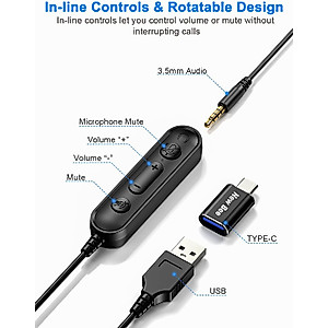 New bee USB Headset with Microphone for PC Computer Headset, Single Ear Headset Noise Cancelling Mic, Call Center Wired Headset with 3.5mm/USB/Type C for Skype Zoom Tablet Laptop (Black)