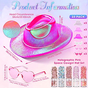 Coume 23 Pcs Cowboy Light up Hat Bulk Flashing Holographic Cowgirl Hats with Heart Sunglasses for Women Costume Accessories(Pink, White, Rose Red, Cute Style)