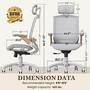GABRYLLY Ergonomic Office Chair, High Back Home Desk Chair with Flip-Up Arms, Headrest, 90-120° Tilt and Wide Cushion, 400LBS White Mesh Chair for Work Gaming Study (GY01-NT, Woodgrain Pattern)