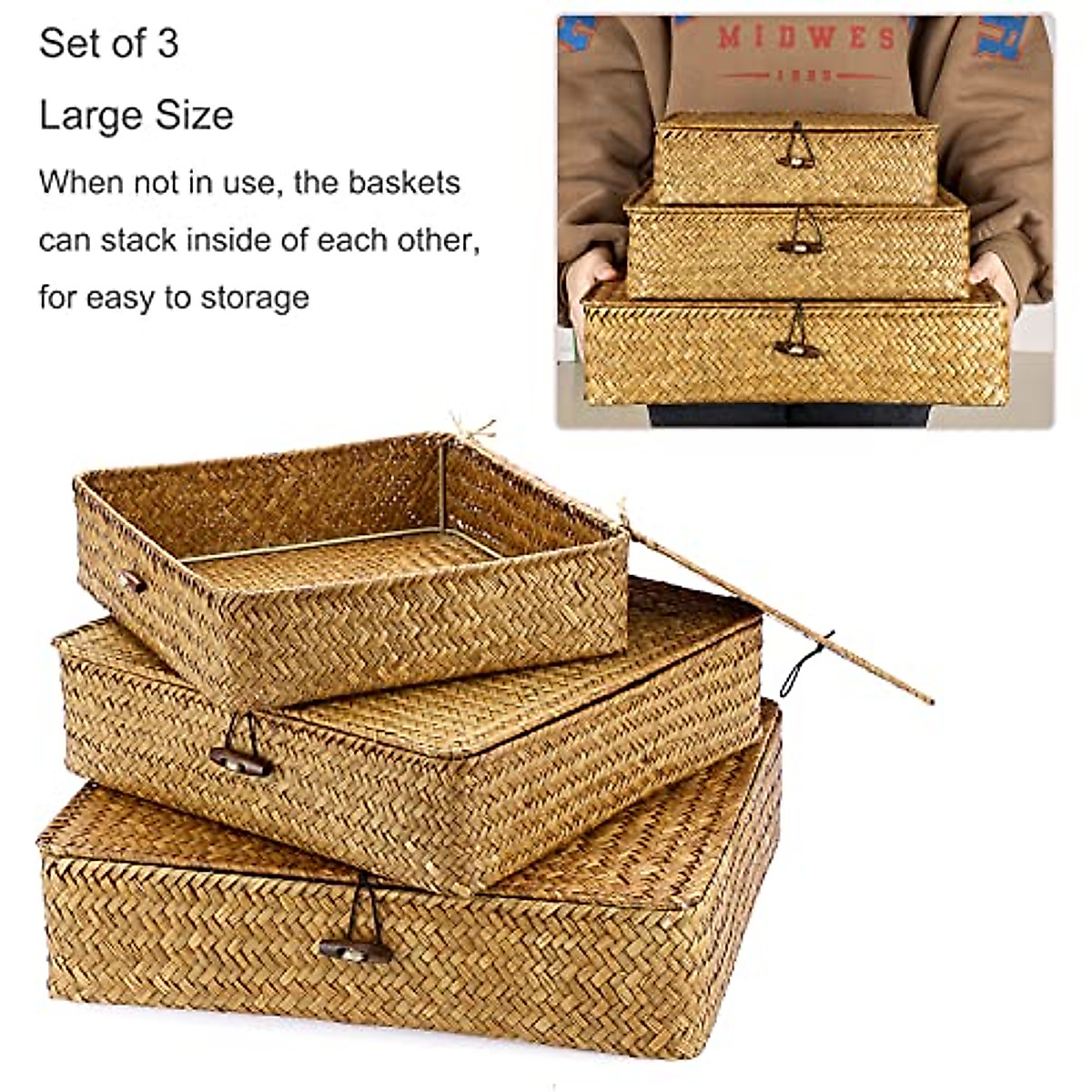 Hipiwe Flat Seagrass Storage Basket Bins with Lid - Set of 3 Wicker Baskets Bins Rectangular Woven Baskets Box Home Organizer Bins for Shelf Organizing, Large Size 14.8"x13"
