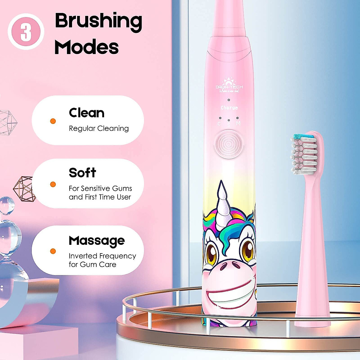 DADA-TECH Kids Electric Toothbrush Rechargeable Pink Age 3+ (Unicorn and Dog)
