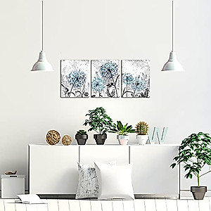 RnnJoile Blue Dandelion Wall Art Set 3 Pieces Grey Abstract Flower Canvas Artwork 12"x16" for Each