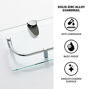 VASUHOME 2 Tier Bathroom Glass Shelves, Tempered Glass Bathroom Wall Organizer with Silver Guardrail, and 2 Metal Hooks - Wall Mounted Rectangular Shelves for Storage and Display