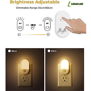 Motion Sensor Night Light Plug in, 2 Pack LOHAS Motion Activated Night Light Warm White 3000K, Dusk to Dawn Sensor, Adjustable Brightness, Plug Into Wall Night Light for Kids, Bathroom, Bedroom Light