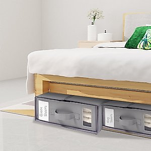 JS HOME 4 Pack Bed Sheet Organizers and Storage Foldable Box for Linen Closet, Oxford Cover (Queen & King Size) Bedding Set Containers for Blanket Comforter Pillow Cube with Window and Handle, Grey