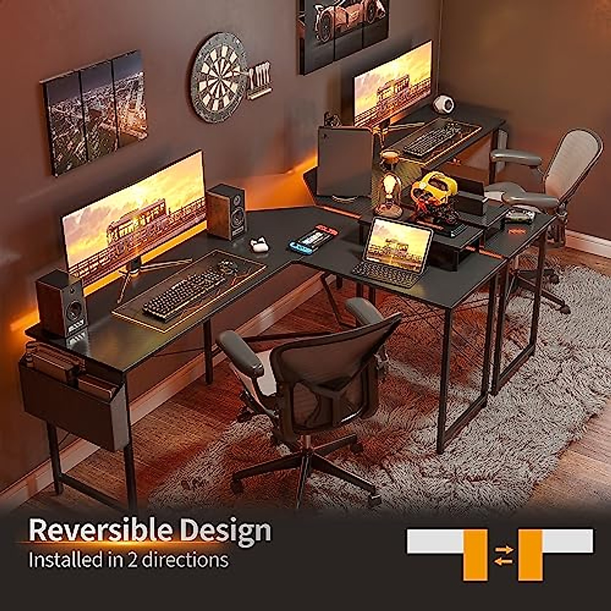 CubiCubi L Shaped Gaming Desk, 47.2 inch Computer Corner Desk with with Carbon Fiber Surface and Monitor Shelf for Home Office Study Writing Workstation, Black