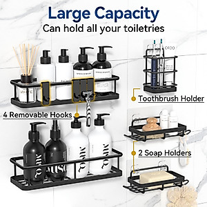 YASONIC Shower Caddy Adhesive 5 Pack, No Drill Bathroom Shower Organizers with Removable Hooks, Rust Proof Shower Shelves for Inside Shower, Wall-Mounted Shower Holder, Black