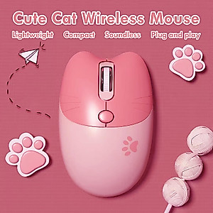 Lomiluskr Cute Cat Wireless Mouse, Lightweight Soundless Mouse, 2.4G Wireless Mice, Candy Colors, Kawaii Mouse for Girls and Kids (Pink)