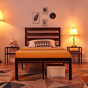 GreenForest Twin Bed Frame with Wooden Headboard Platform Bed with Metal Support Slats NO-Noise Heavy Duty Bed Industrial Country Style with 9 Strong Legs No Need Box Spring, Twin