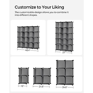 SONGMICS Cube Storage Organizer, Set of 16 Plastic Cubes, Book Shelf, Closet Organizers and Storage, Room Organization, Bedroom Living Room, 12.2 x 48.4 x 48.4 Inches, Gray ULPC442G01