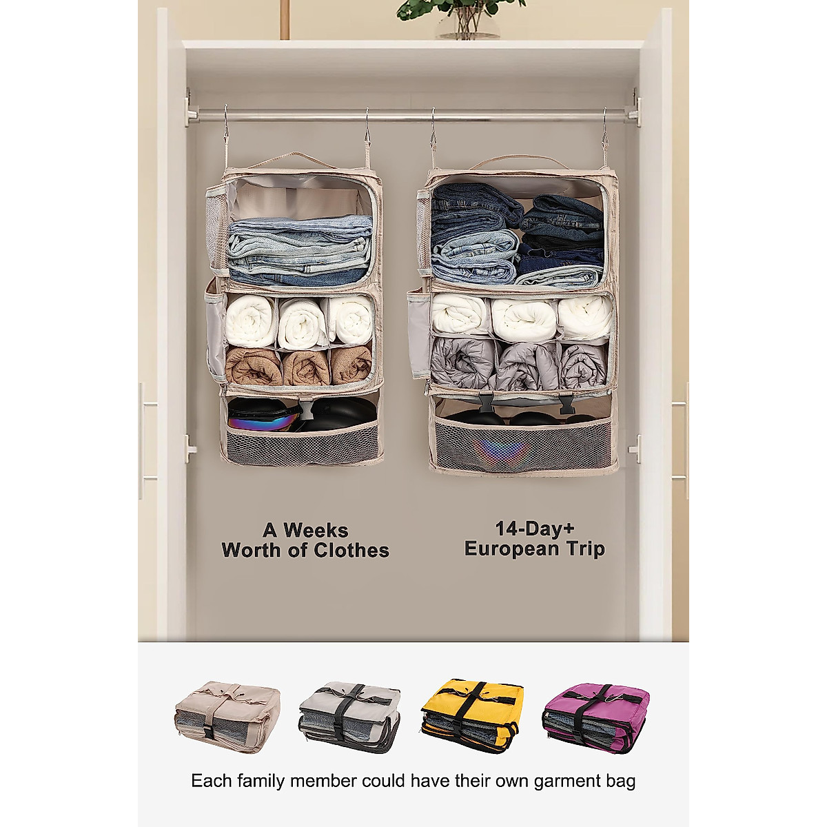 ELEZAY Hanging Packing Cubes Portable Closet 3-Shelf Travel Collapsible Compression Garment Organizer for Carry-on Luggage Suitcase Space Saver Bag XX-Large_No Side Pockets, Beige