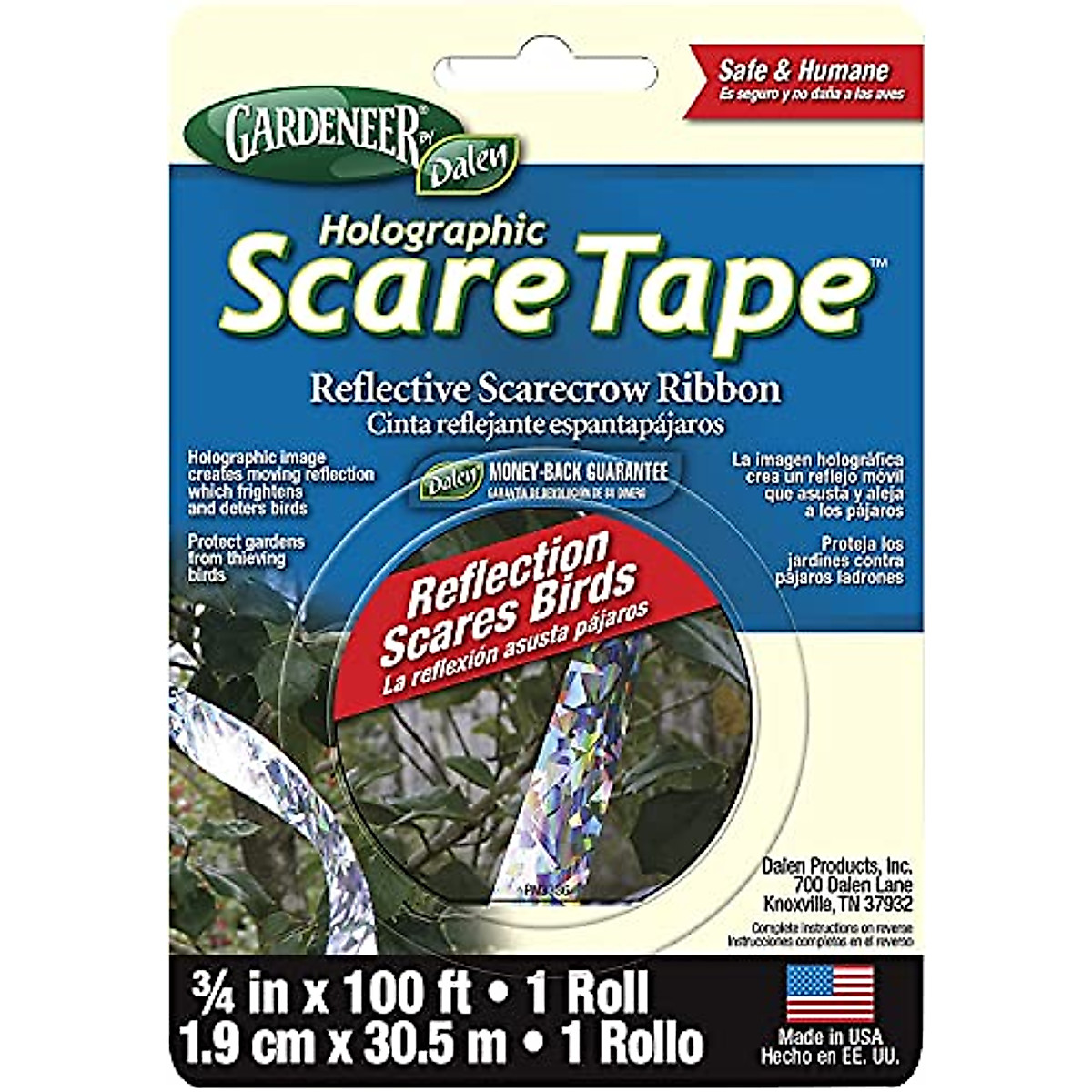 DALEN Holographic Scare Reflective Tape – Bird Deterrent Tape with Metallic Noise Feature, Broad Application and Easy to Use Bird Scare Ribbon (3/4" x 100') - 1 Roll