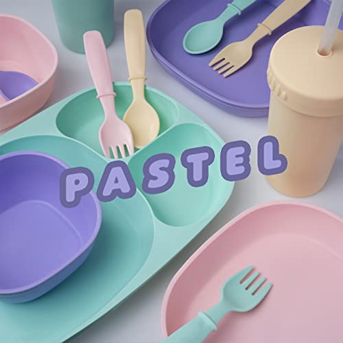 MightyMoe Kid’s Dinnerware Set - 28 Pieces, 4 Place Settings - Pastel Color Set - Tough Tableware for Toddlers - Made in the USA - Dishwasher and Microwave Safe - BPA Free and Shatter Resistant