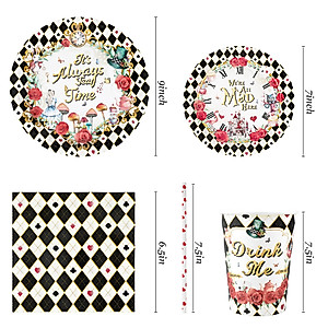 Alice Party Supplies Decorations, Tea Party Theme Birthday Baby Shower Paper Plates and Napkins Set with Cups and Straws for 24 Guests, 120 Pcs Disposable Party Dessert Dinnerwares