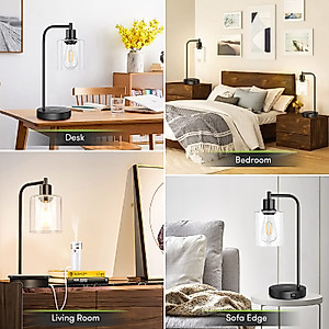 Set of 2 Wireless Charging Industrial Table Lamp 3-Way Touch Control Dimmable Desk Lamp with USB Port Bedside Lamp with Hanging Seeded Glass Shade for Office Bedroom Living Room, Bulb Included