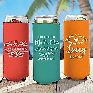 Customized Slim 12oz Wedding Can Coolers, Personalized Wedding Favors, bachelorette party favors Monogram Can Holders (Custom – Assorted, 100 Slim Can Cooler)