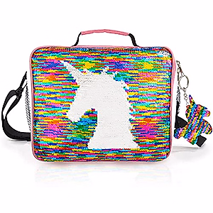JYPS Insulated Unicorn Lunch Box for Kids, Flip Sequin Girls Tote Lunch Bags with Shoulder Strap, Handheld Reusable Lunch Box Bags Christmas Gifts for Girls at School