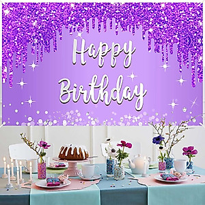 Purple Silver Happy Birthday Banner Party Decorations for Women Girls, Purple Happy Birthday Themed Backdrop Party Supplies, 10th 16th 21st 30th 40th 50th 60th Photo Props Sign Decor