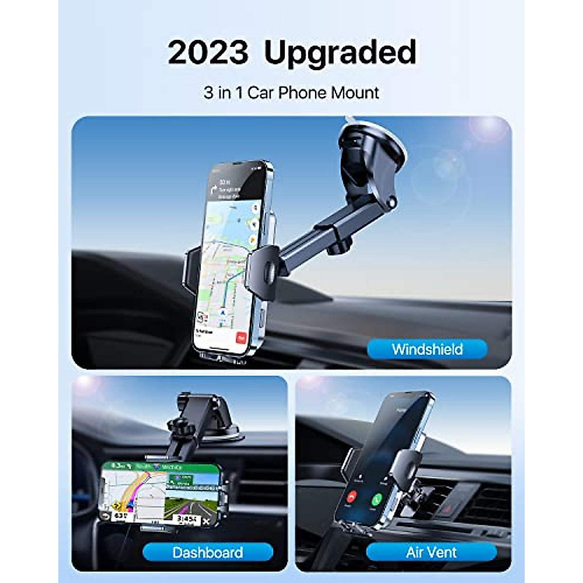 andobil Windshield Car Phone Holder [Super Suction Cup, Military Sturdy] Ultra Stable 3 in 1 Cell Phone Mount for Car Dashboard Vent Fit for iPhone 14 13 12 Pro Max Plus Samsung S23 S22 All Phones
