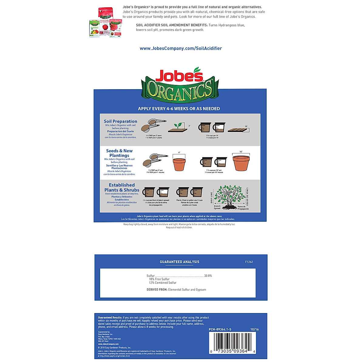 Jobe's Organics, 09364, Soil Additive, Soil Acidifier, 6lbs, Brown