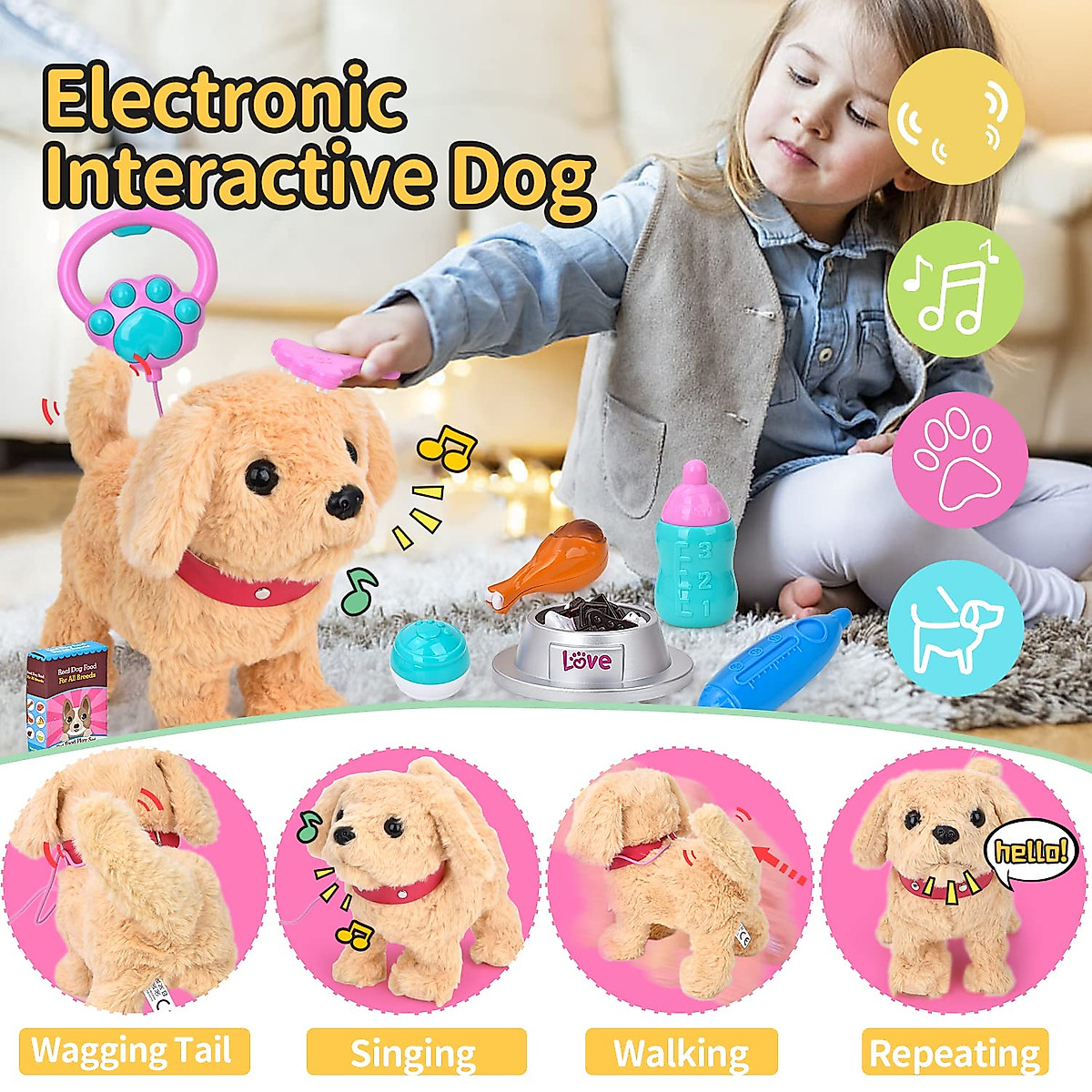 JoyGrow Electronic Plush Toy Talking Golden Retriever Pet for Girls Kids Interactive Toys Repeats What You Say,Singing,Walking,Barking,Shaking Tail,Pretend Doctor Kit
