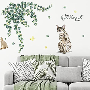 Yovkky Cat Wall Decals Stickers, Eucalyptus Leaves Kitty Kitten Greenery Neutral Nursery Decor, It's a Wonderful Life Quote Spring Kids Room Home Decorations Bedroom Art