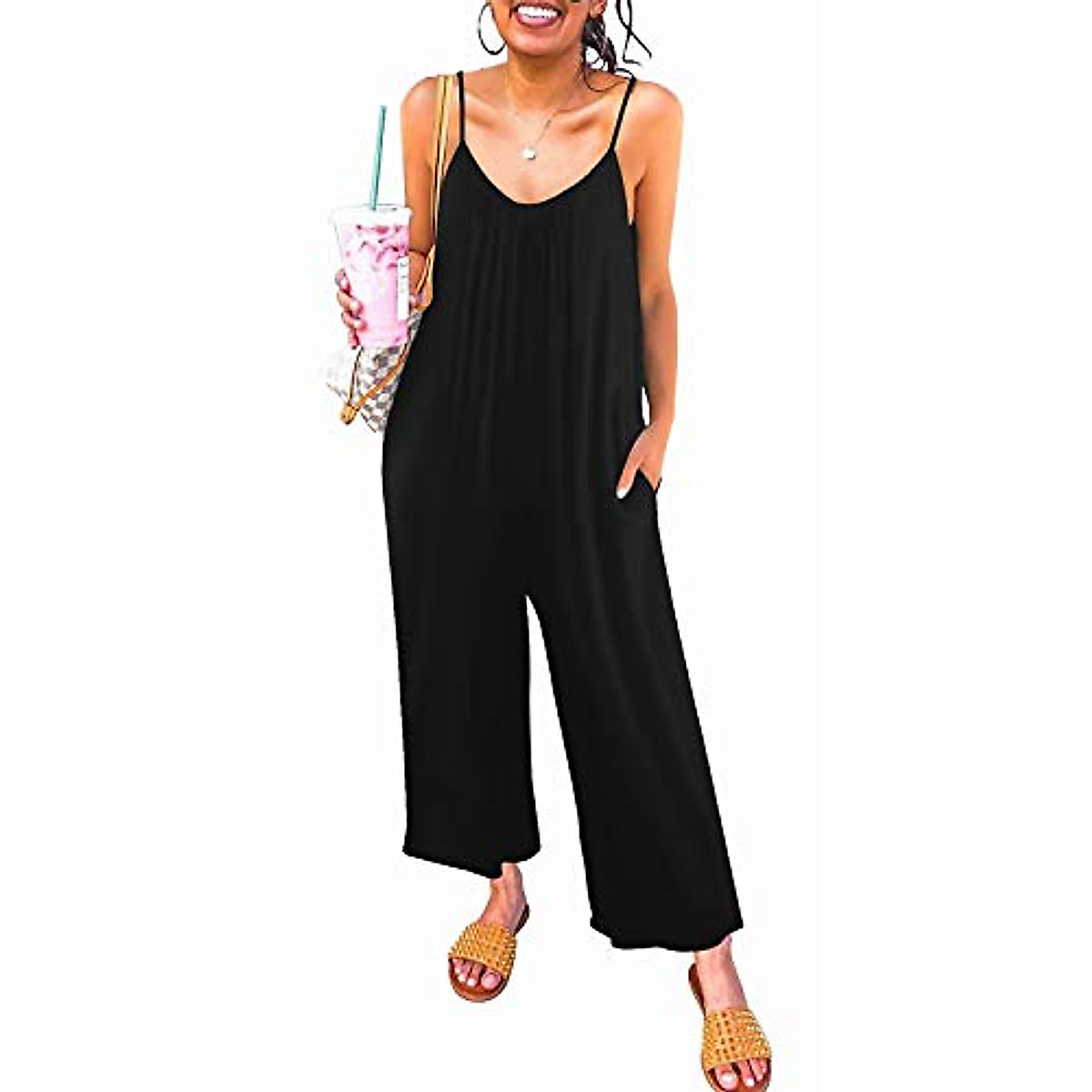 snugwind Womens Casual Sleeveless Strap Loose Adjustable Jumpsuits Stretchy Long Pants Romper with Pockets X-Large Black