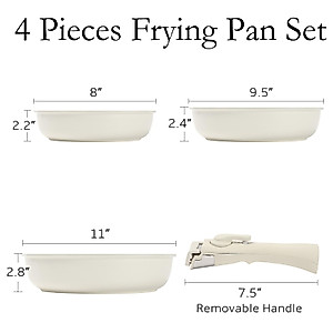 ESLITE LIFE Nonstick Frying Pan Skillet Set with Detachable Handle, Healthy Granite Coating Egg Omelette Pan Stone Cookware Chef's Pan, PFOA Free(Cream, 4-Piece)