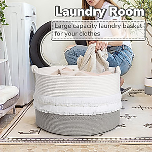 CherryNow Extra Large Rope Basket for Toys, Grey Blanket Basket for Living Room, Entryway, Nursery Laundry Basket for Clothes, 22 x 14 inches, 83L