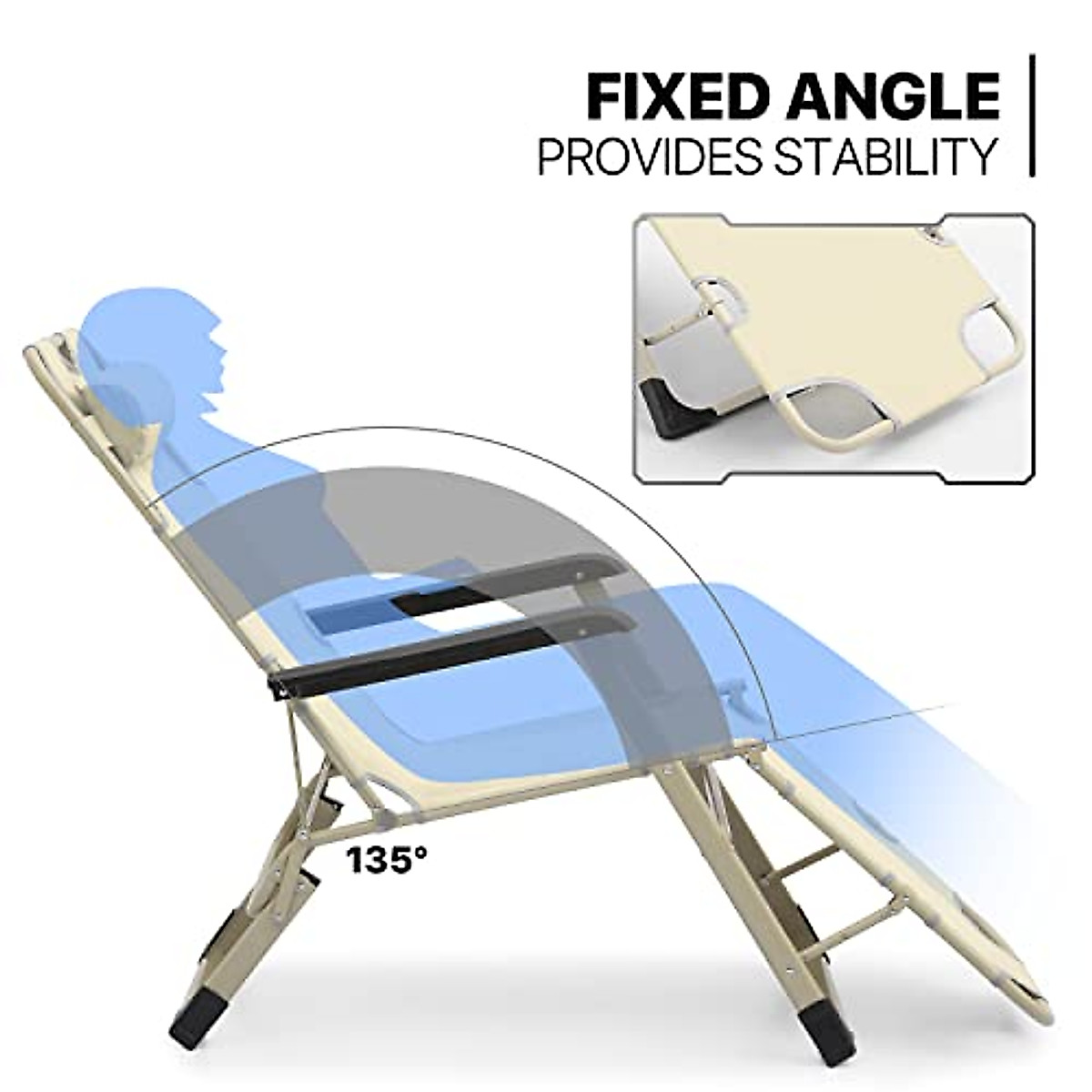 MoNiBloom Folding Beach Lounge Chair, Fixed 135° Angles Patio Outdoor Furniture Camping Pool Side Beach Lawn Lounger Chair with Adjustable Headrest for Lawn Backyard, 330lbs Capacity