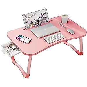 Laptop Desk Foldable Bed Table, Portable Lap Desk Laptop Bed Tray Table with Storage Drawer and Cup Holder, Lap Tray Table Notebook Stand Reading Desk Breakfast Tray for Bed Couch Sofa Floor – Pink
