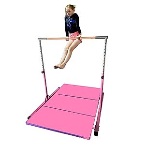 X-Factor 5 Ft Horizontal Bar Athletic Teens Adjustable Gymnastics 280 LB Capacity Children Junior Training Kip Bars Pink with 4' Ft x 8' Ft Gymnastic Mat Set