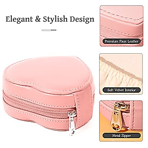 Dajasan Mini Travel Jewelry Case Portable Travel Jewelry Organizer Small Heart-shaped Leather Jewelry Box for Women Girls (Pink)