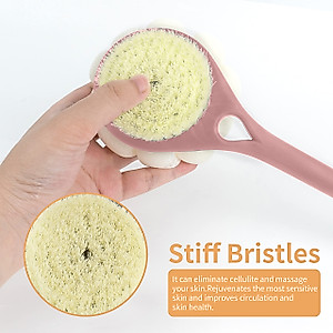 Shower Brush with Bristles and Loofah,Frosted Bath Net Sponge with 15 Inch Handle for Back Scrubber Body Exfoliator,Shower Body Brush for Wet or Dry Brushing,Pink