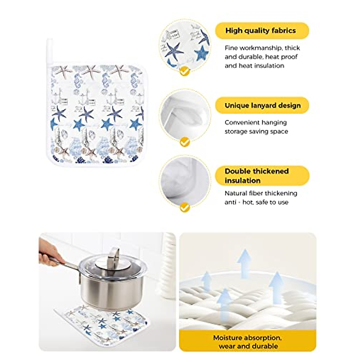 Coastal 3 Pack Pocket Pot Holders,Heat Proof Potholder Multipurpose Hot Pads Oven Mitts Terry Cloth,Undersea Starfish Shell Seahorse Potholders Bulk for Daily Kitchen Baking Cooking