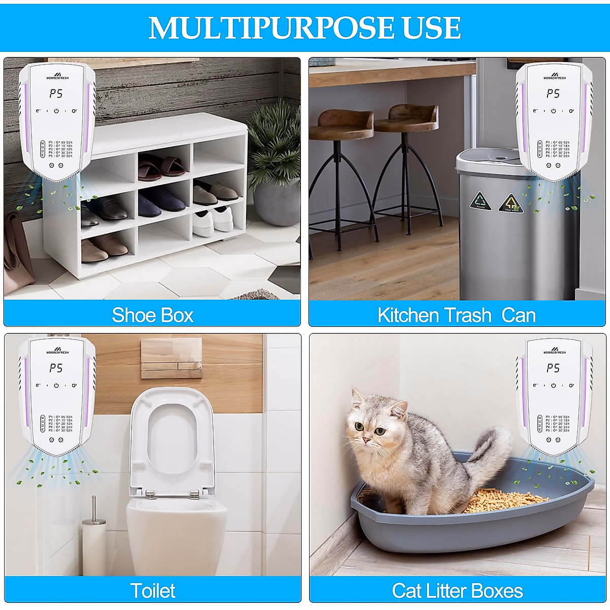 Morrerfresh Ozone Odor Eliminator for Strong Odor 99% Cat Litter Deodorizer Dog Poof Odor Removal Air Ionizers for Home Portable Air Purifier for Pets Toilet Wardrobe Shoe Garage Room Cabinet White