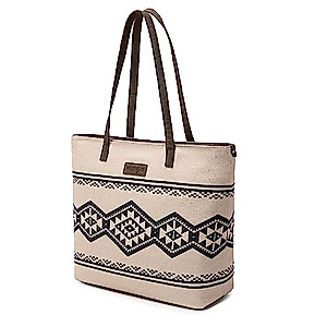 Wrangler Tote Purse Bag Aztec Canvas Shoulder Bags Native American Western Handbags for Women Genuine Leather Strap Hobo Bag WG53-8112TN