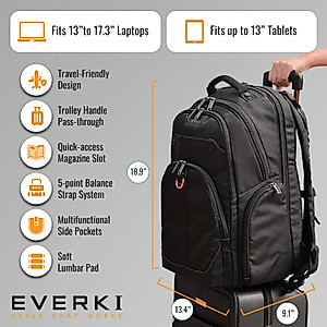 EVERKI Atlas Business Laptop Backpack, 13-Inch to 17.3-Inch Adjustable Compartment, Men or Women, Travel Friendly (EKP121), Black