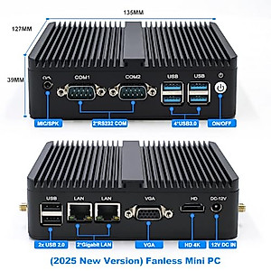 WEIDIAN Fanless Mini PC Industrial Win 11 Pro Celeron J4125 8GB RAM 128GB SSD, 2*COM RS232, 2*Gigabit LAN, 2*Displays HD VGA Small Desktop PC Computer for Industrial Business Office Auto Power On