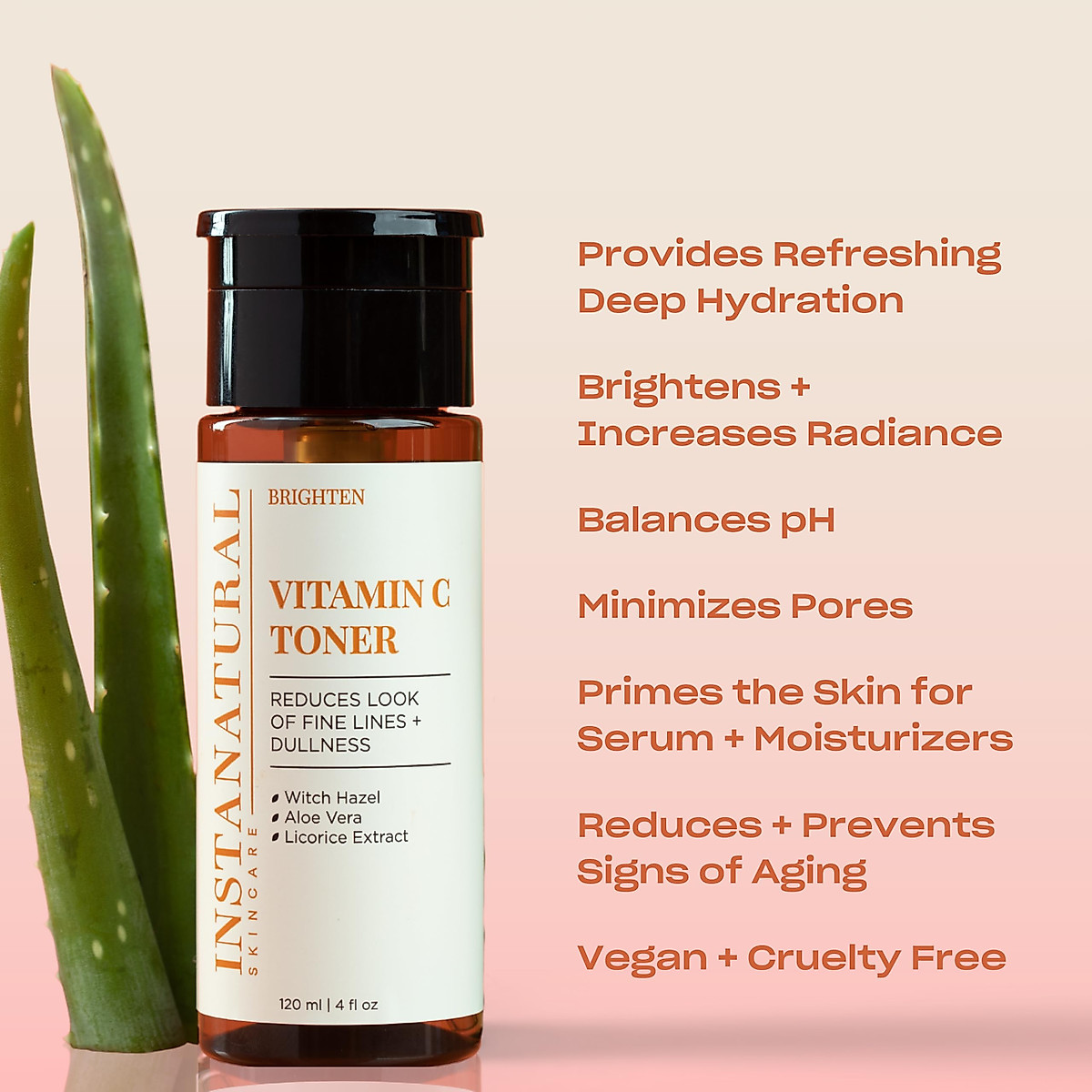 InstaNatural Vitamin C Face Toner, Brightens, Balances pH and Reduces Signs of Aging, Fine Lines and Wrinkles, with Witch Hazel, Lavender and Geranium Oils, 4 Fl Oz