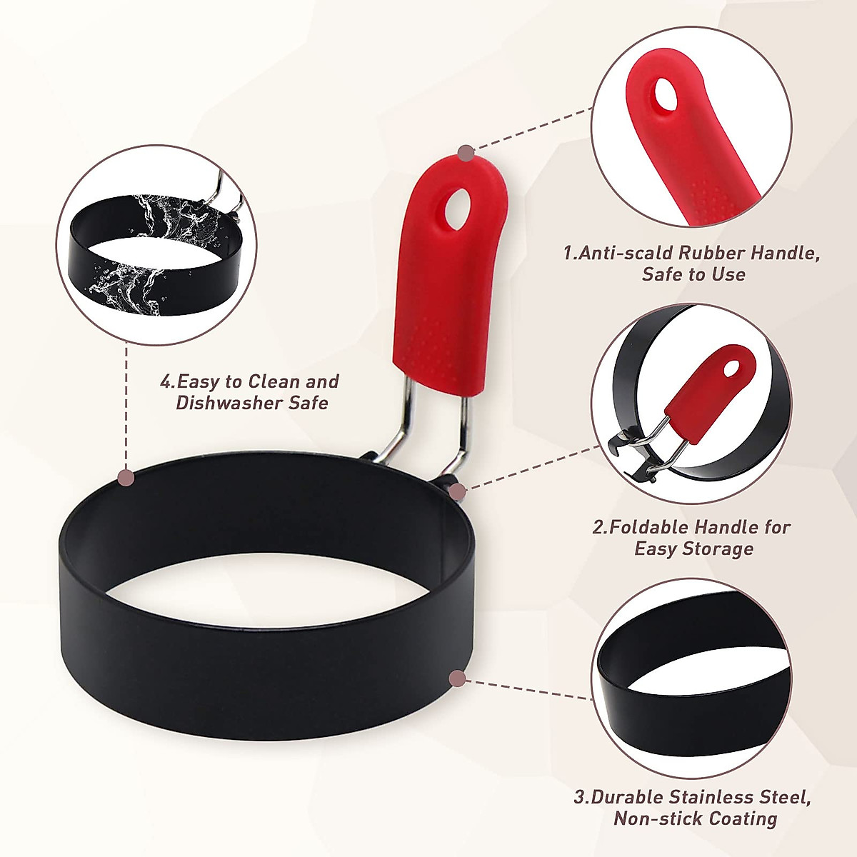 ESCULTORA 6PCS Pancake Ring, Cooking Rings, Nonstick Black Coated Metal Egg Ring with Anti-scald Handle for Griddle, DIY Sandwich Eggs, English Muffin, Pancakes, Burger, Breakfast